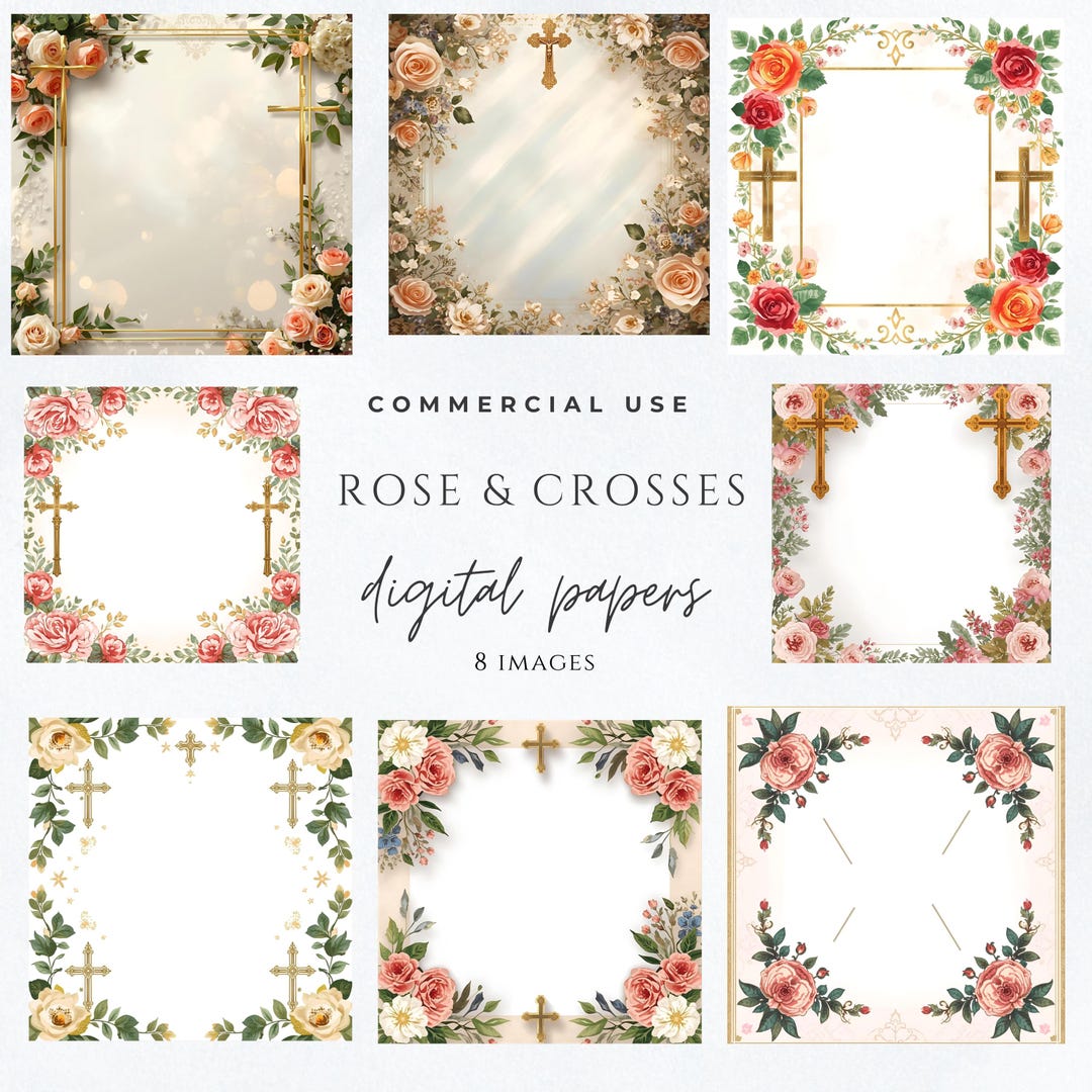 Catholic Digital Papers – Rose & Crosses Floral Backgrounds | 12x12 JPG ...