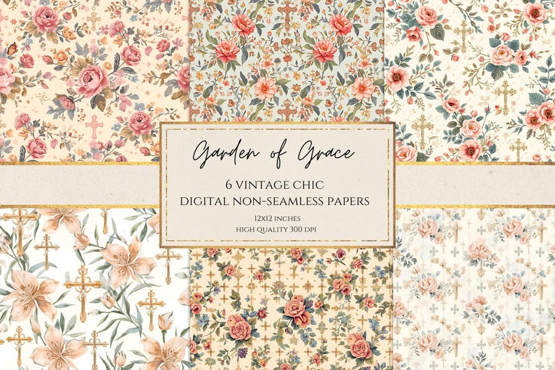 Garden of Grace Vintage Floral Cross Digital Paper Bundle |non Seamless ...