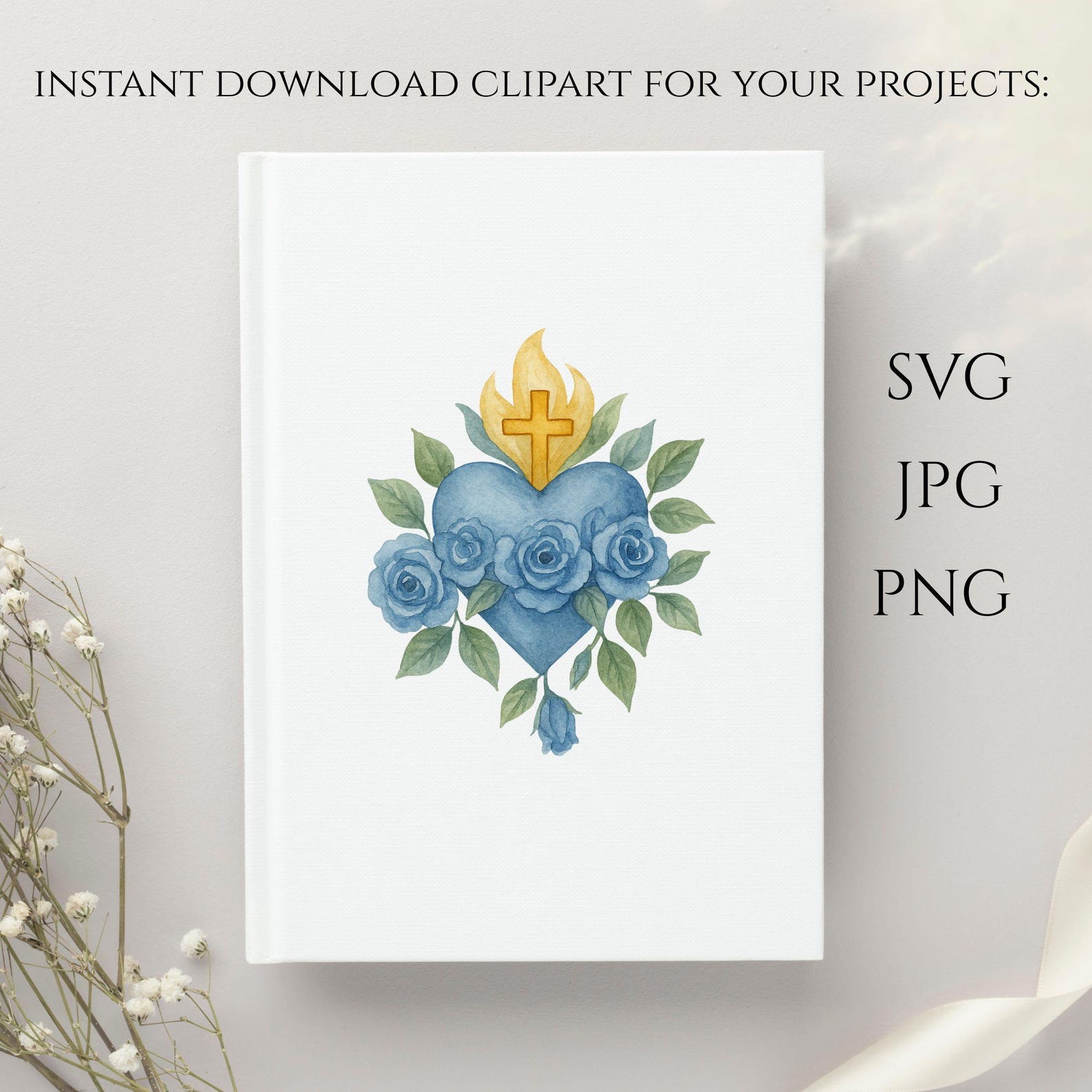 Blue Sacred Heart Clipart Bundle | Catholic Watercolor PNG | Immaculate ...