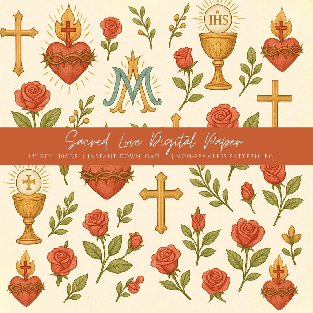 Sacred Heart Digital Paper | Catholic Symbols Pattern | Marian Monogram ...