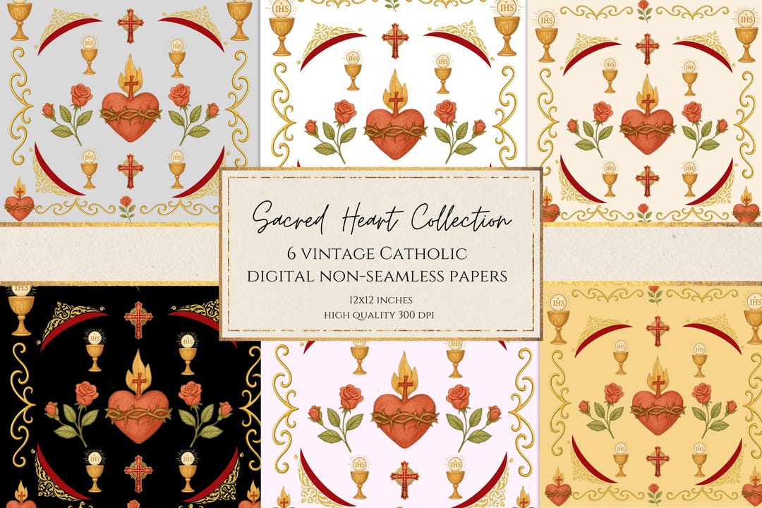 Catholic Digital Paper Bundle | Sacred Heart Eucharist Vintage Design ...