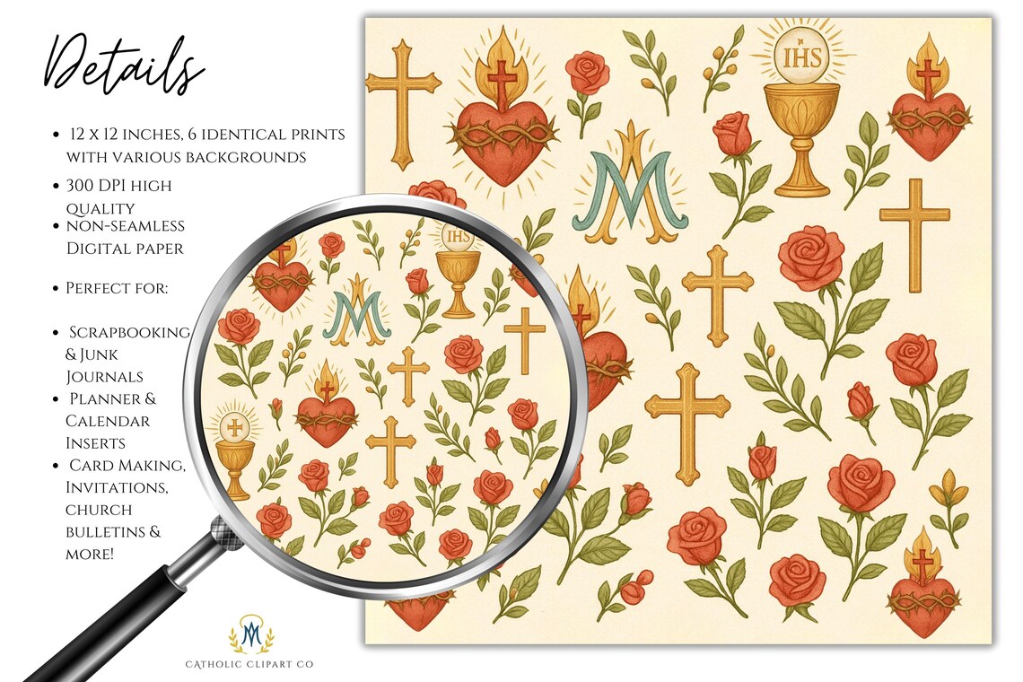Sacred Heart Digital Paper | Catholic Symbols Pattern | Marian Monogram ...