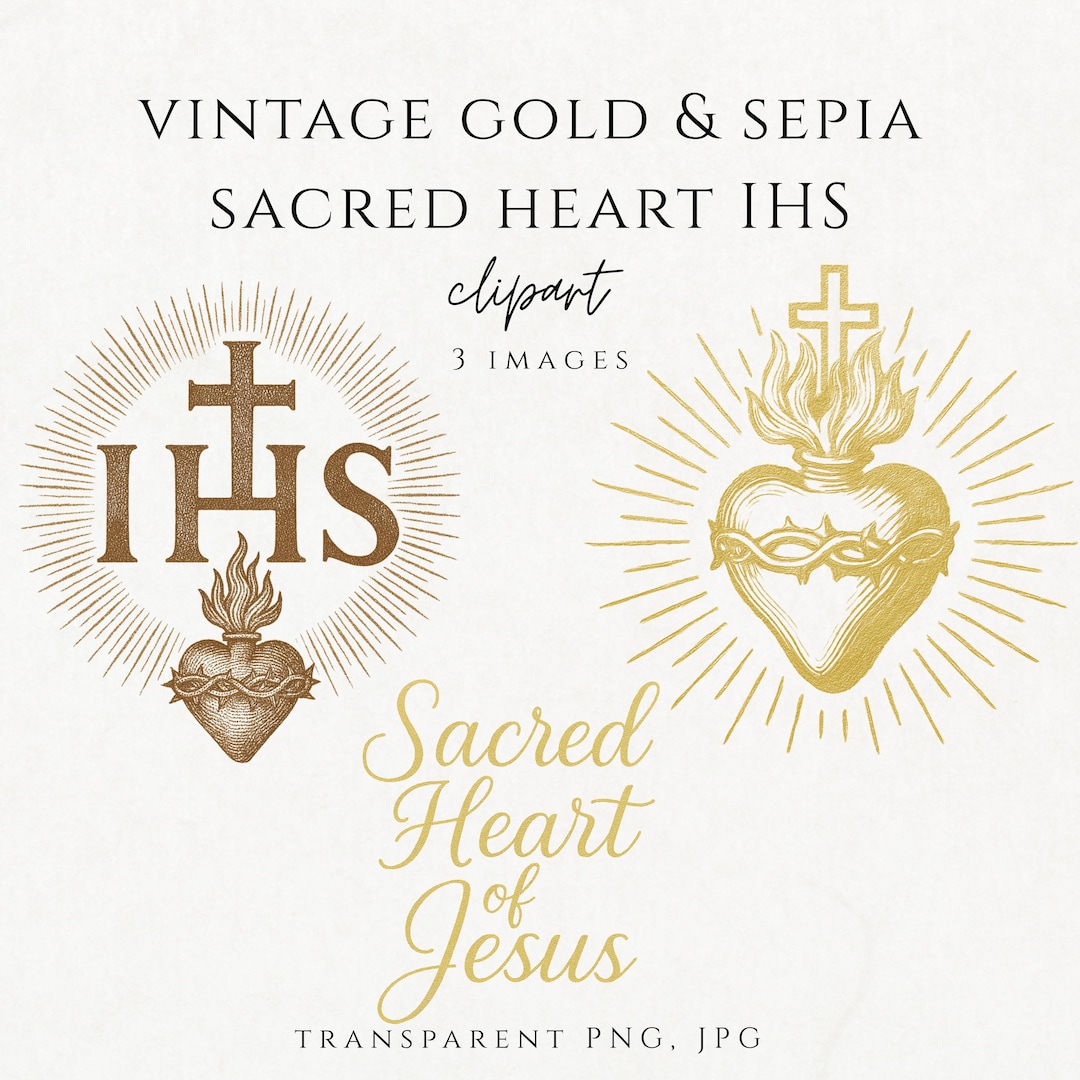 Sacred Heart of Jesus Clipart IHS Catholic Vintage Gold Sepia Religious ...