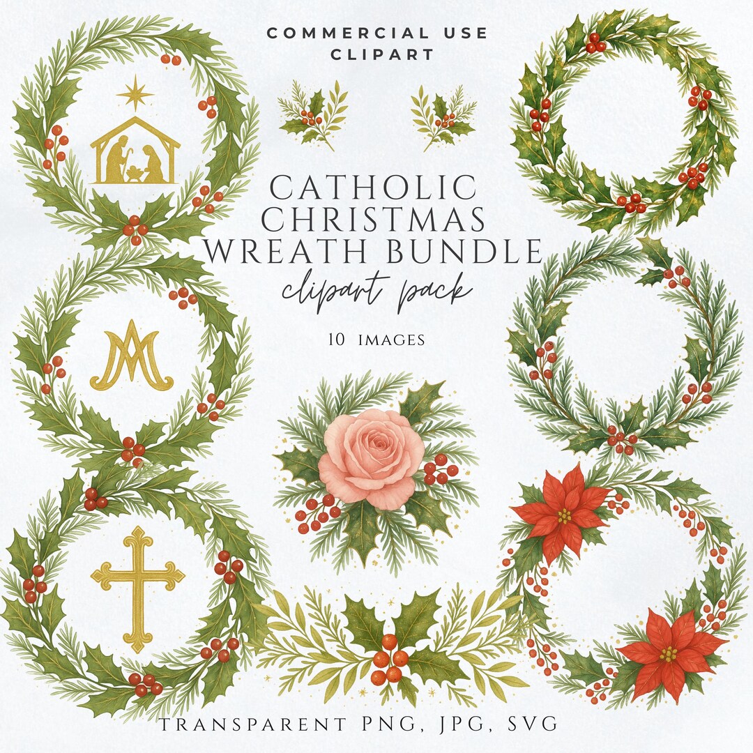 Catholic Christmas Wreath Clipart Bundle • Nativity, Marian “M”, Gold ...