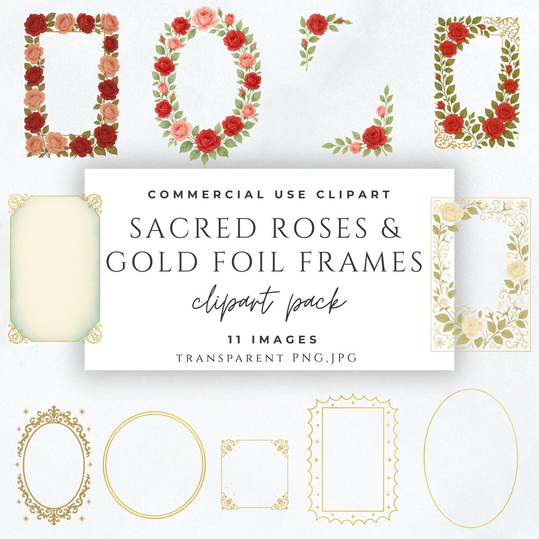 Sacred Roses & Gold Foil Frames Clipart Pack • Holy Card Borders ...