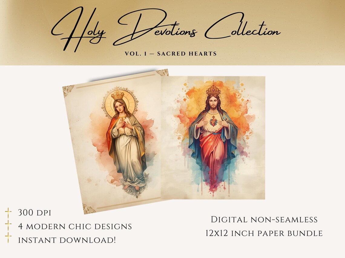 Sacred Hearts Digital Paper Bundle | Jesus & Mary Watercolor ...