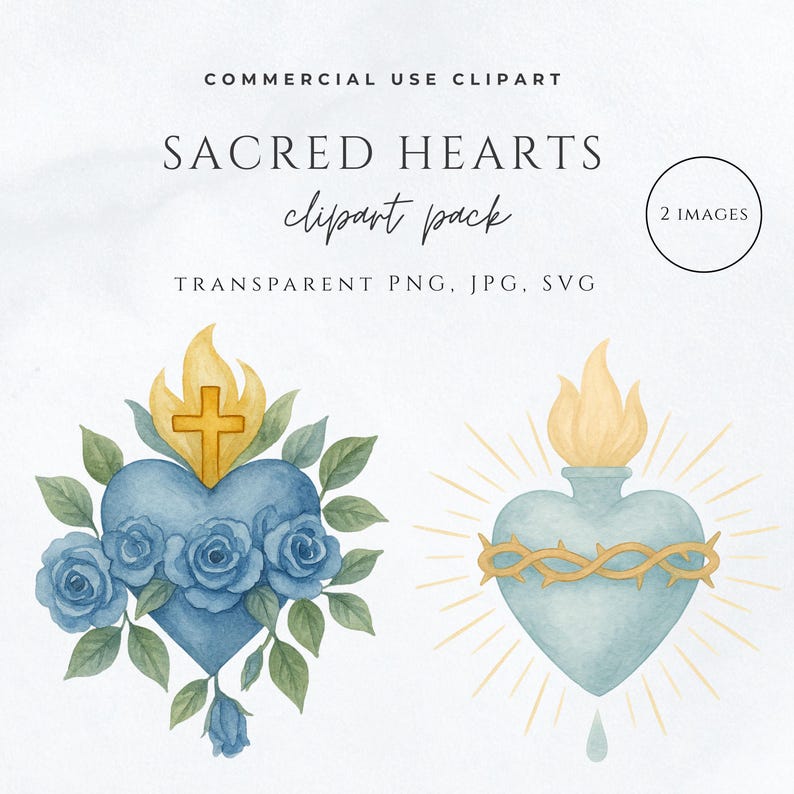 Blue Sacred Heart Clipart Bundle | Catholic Watercolor PNG | Immaculate ...