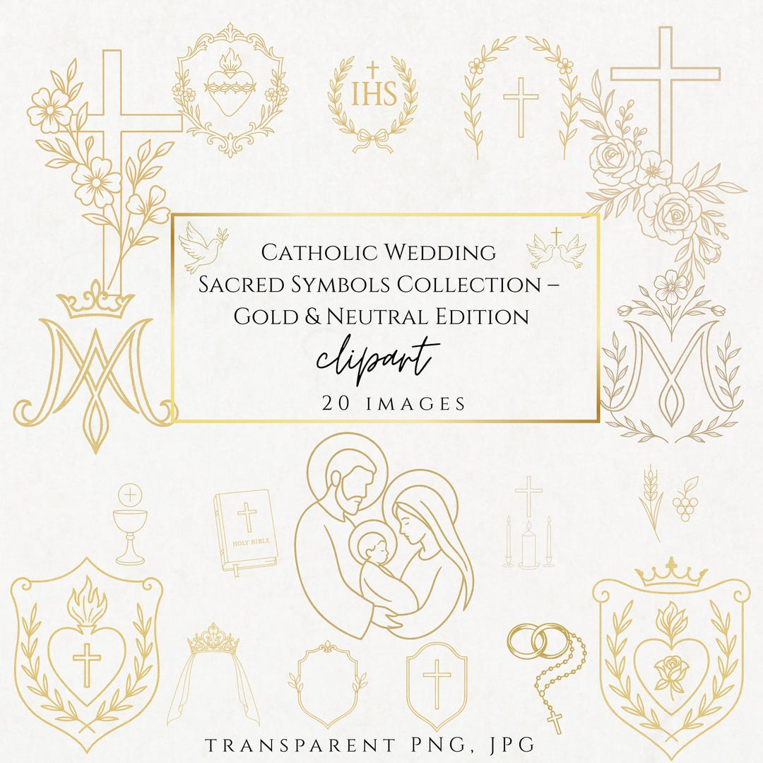 Catholic Wedding Clipart Bundle, Gold Line Art Symbols, Marian Monogram ...