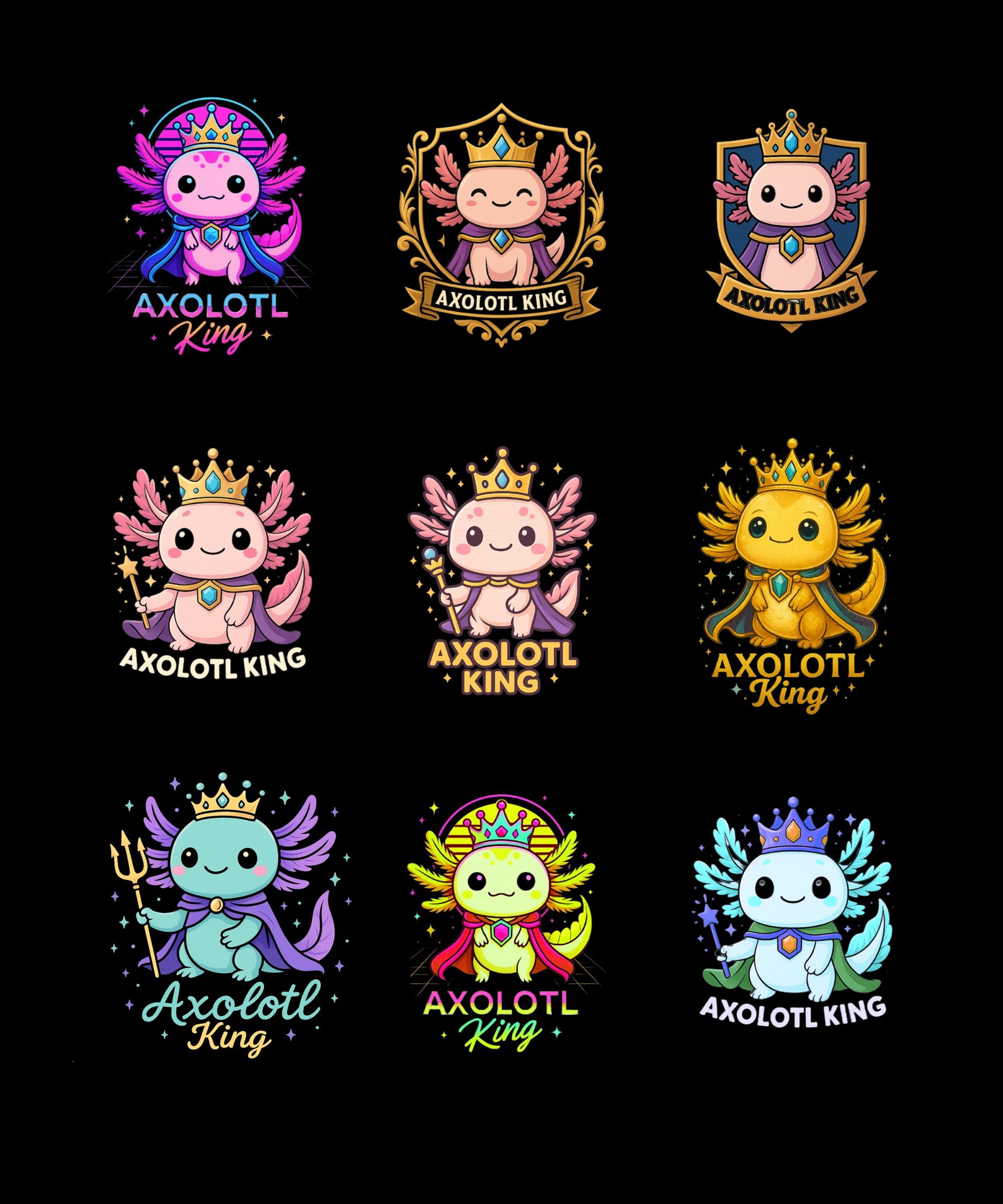 Axolotl King PNG Bundle | Kawaii Crowned Axolotl Mascot Clipart | Cute ...