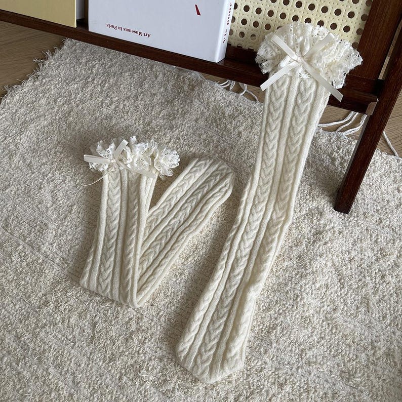 Calcetines de punto con lazo de encaje y volantes, calcetines de ...