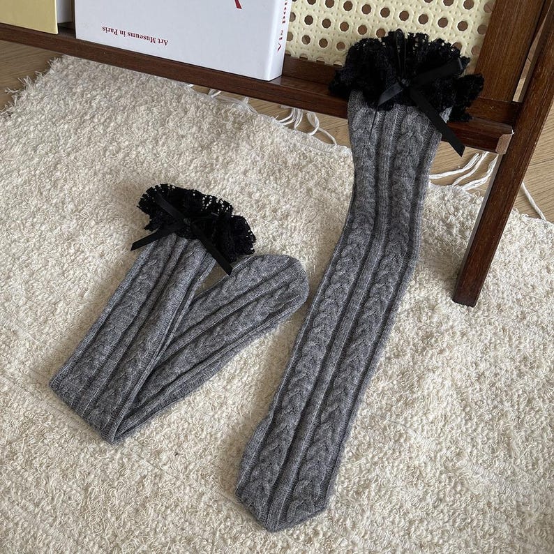 Calcetines de punto con lazo de encaje y volantes, calcetines de ...