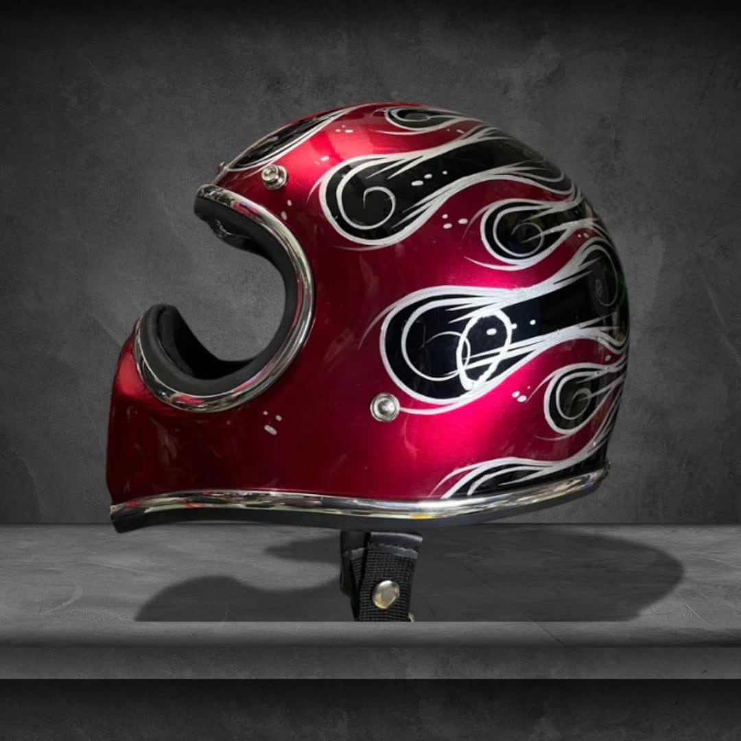 Cakil Custom Helmet - Candy Red Flame Handmade Motorcycle Style Retro ...