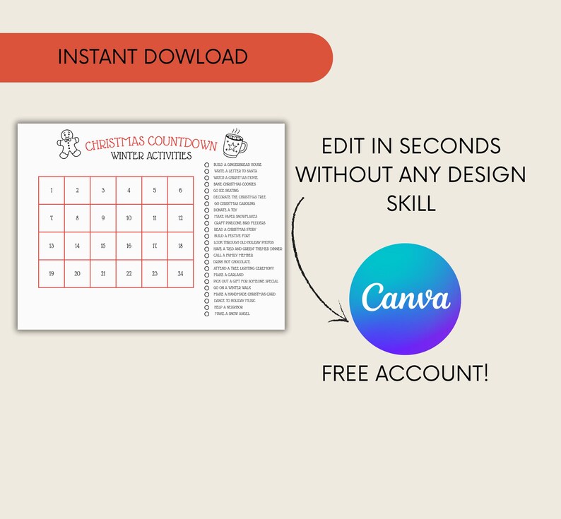 24 Days of Christmas Countdown, Printable Advent - Etsy