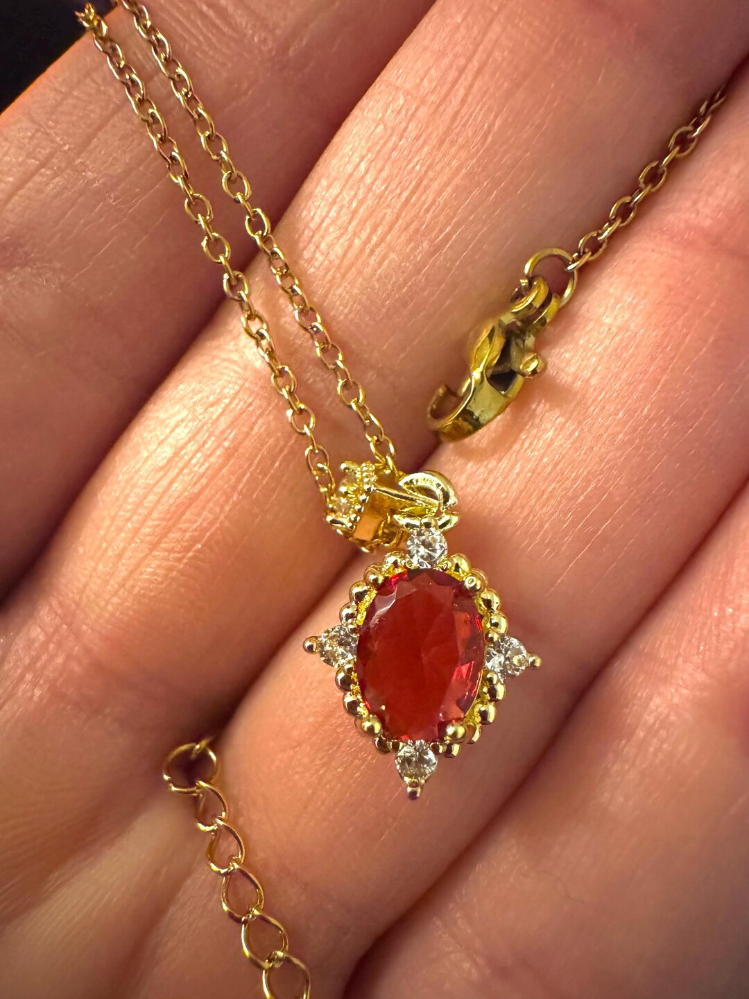 Vintage Red Gem Pendant Necklace 14k Real Yellow Gold Plated Necklace ...