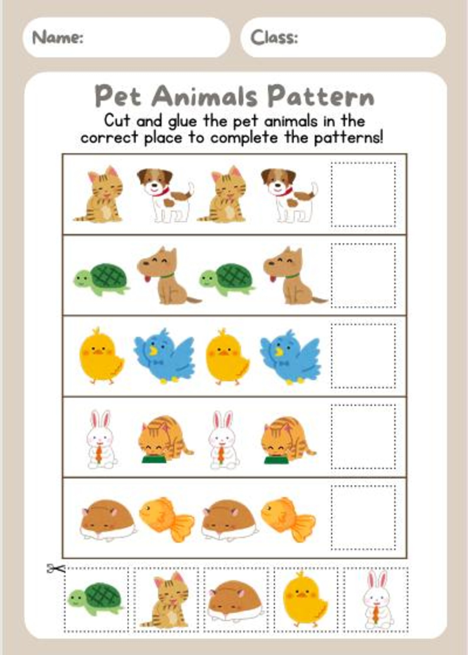 Pet Animals Pattern Worksheet: Cut & Paste Activity (printable PDF) - Etsy