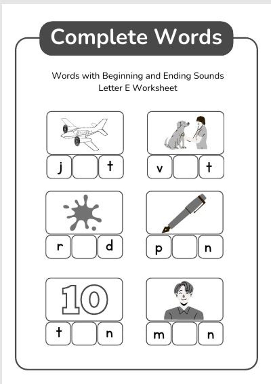 Letter E Phonics Worksheet: Complete the Words (printable PDF) - Etsy