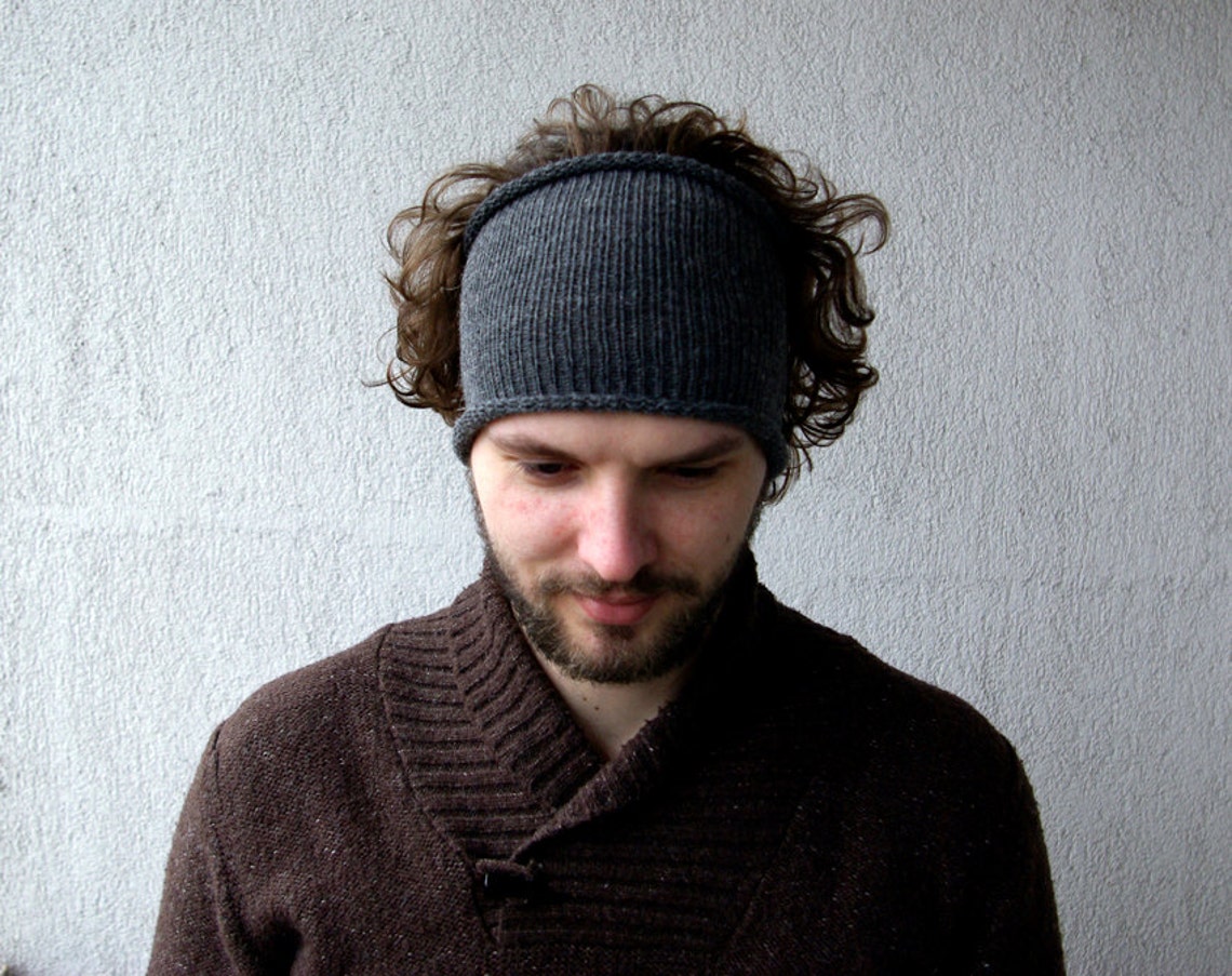 Knitted Mens Headband Guys Knit Hair Wrap Dark Greylight Etsy