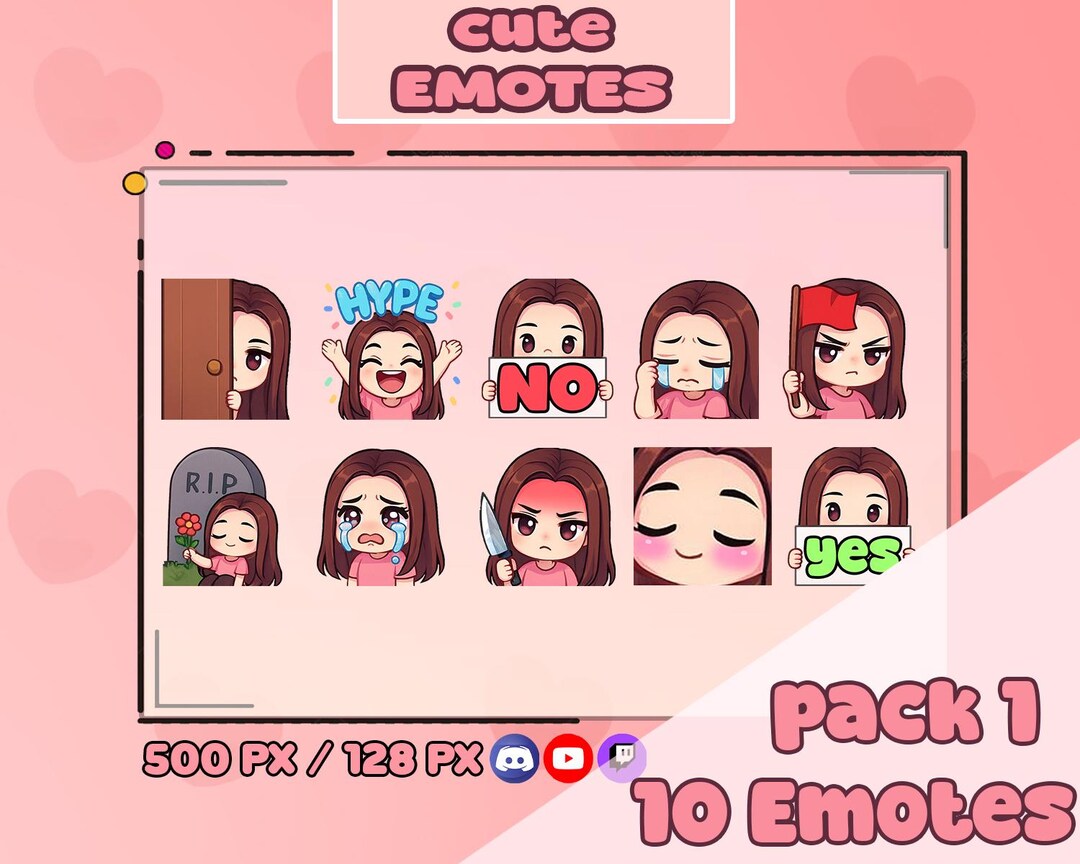 Cute Twitch Emotes 10 Emotes / Girl With Brown Hair / Light Skin ...