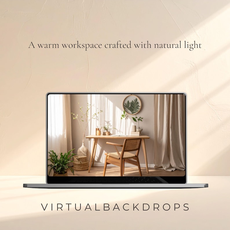 Warm Natural Home Office Zoom Background – Minimalist Neutral Workspace ...