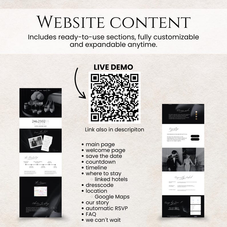Luxury Wedding Website Template Canva RSVP Timeline Registry Black and ...