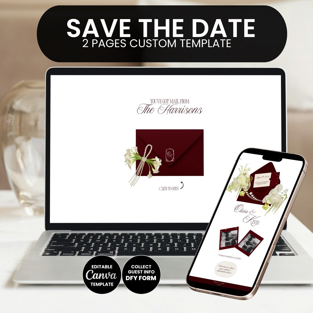 Burgundy Save the Date Website Template Digital Invitation Floral ...