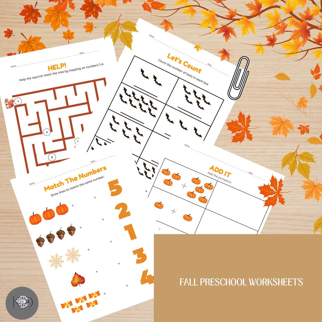 Fall Math Worksheets: Number Recognition, Addition & Subtraction (PDF ...