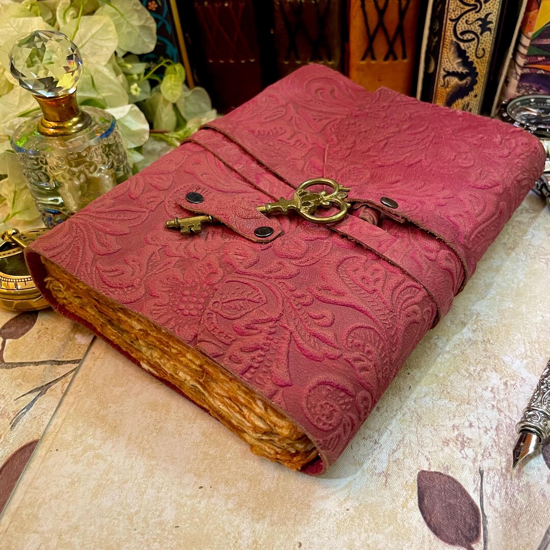 Handcrafted Pink Embossed Leather Journal With Antique Key Lock ...