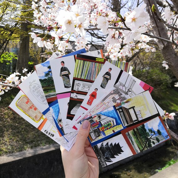 8 Vivid Japanese Themed Illustrated Art Cards With Original | Etsy