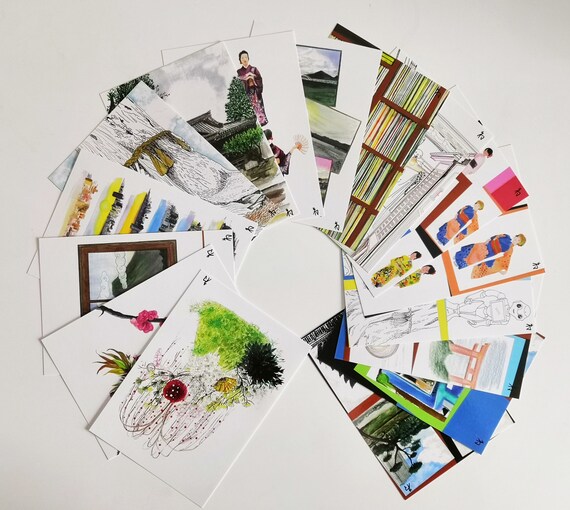 16 Japanese Themed Illustrated Art Cards With Original Painted | Etsy