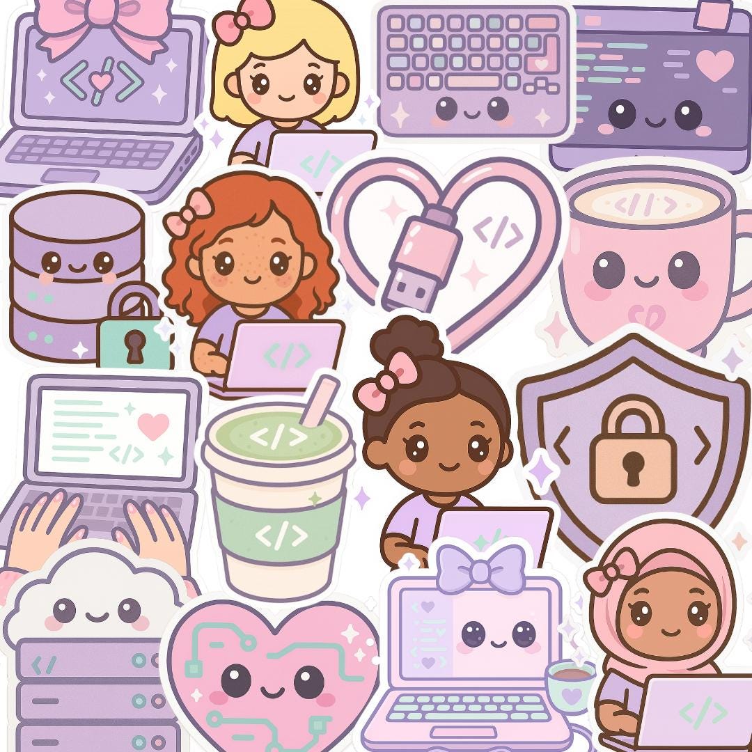 30 Cute Girly in Tech Aesthetic Stickers (coding, Cloud, Keyboard ...