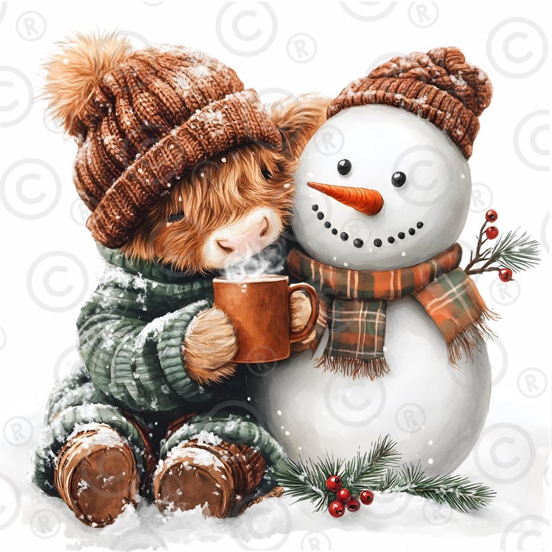 Highland Cow Snowman Clipart | 12 Winter Farm Animal Pngs (digital ...