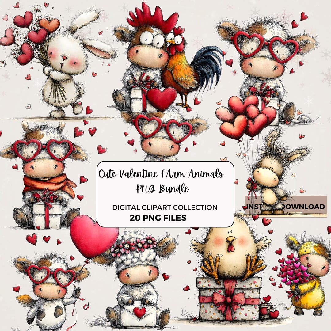 20 Valentine Farm Animals PNG Bundle Cute Cow Sheep Animal Cliparts ...
