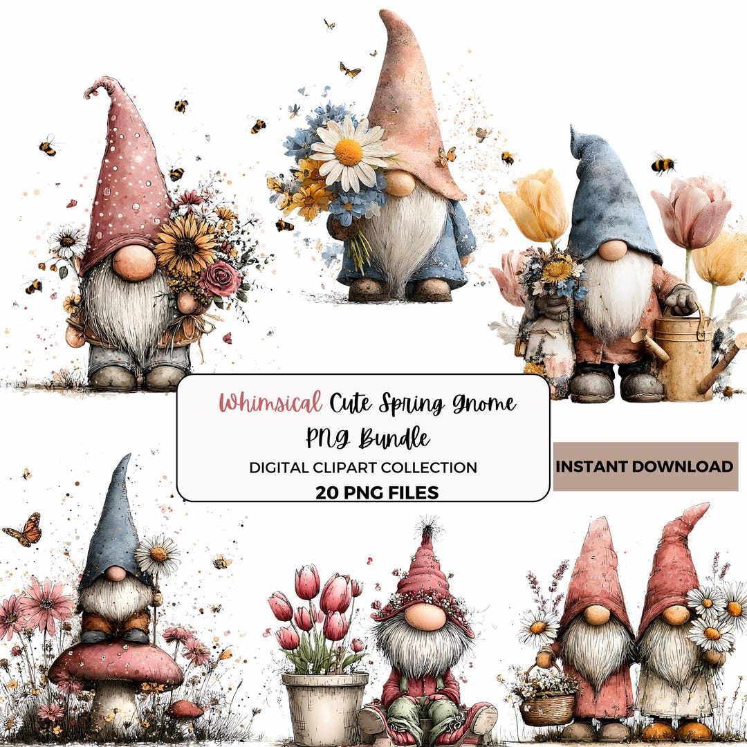 Spring Gnome Clipart 20 PNG Whimsical Watercolor Floral Bundle ...