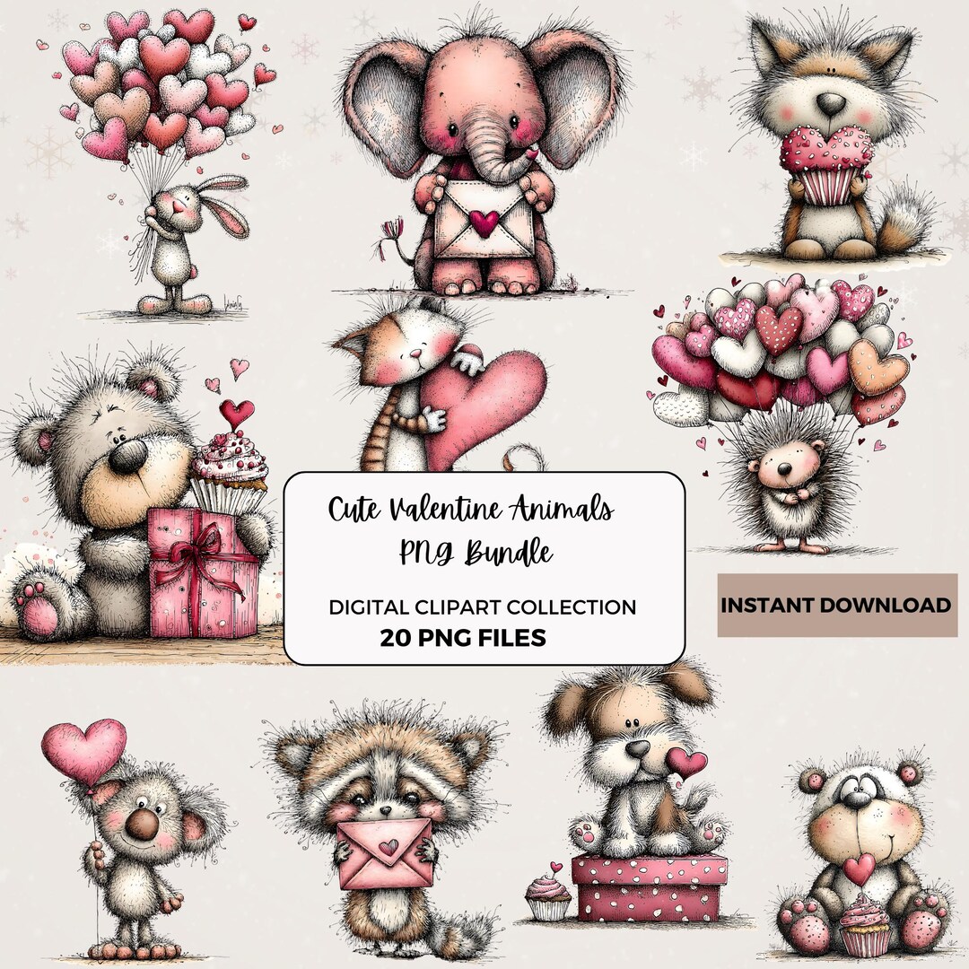 20 Valentine Animals PNG Bundle Cute Animal Clipart Puppy Bunny Panda ...