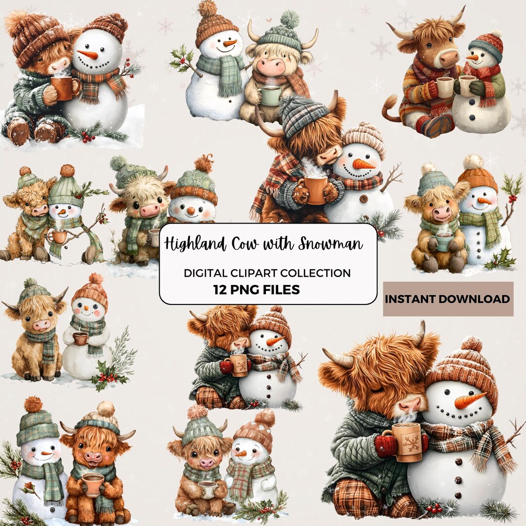 Highland Cow Snowman Clipart | 12 Winter Farm Animal Pngs (digital ...