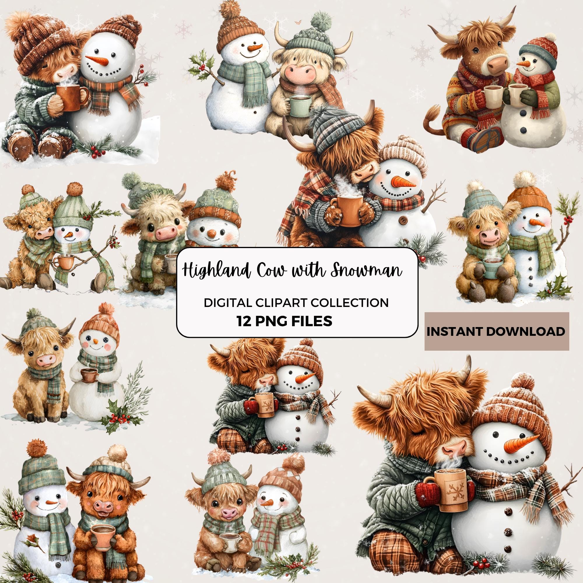 Highland Cow Snowman Clipart | 12 Winter Farm Animal Pngs (digital ...