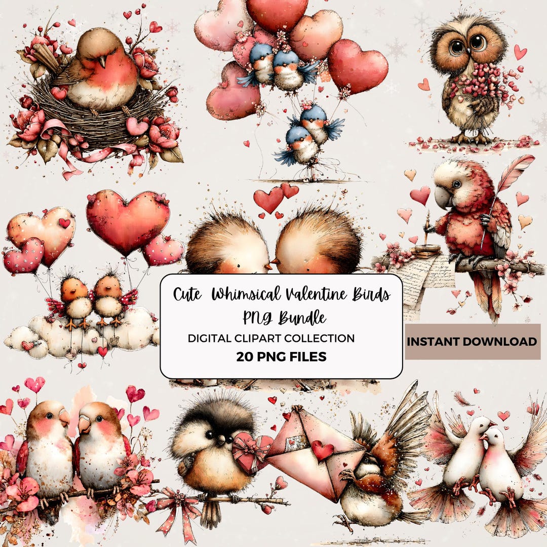 Valentine Cute Bird Clipart PNG Bundle for Cards Stickers and Crafts 20 ...