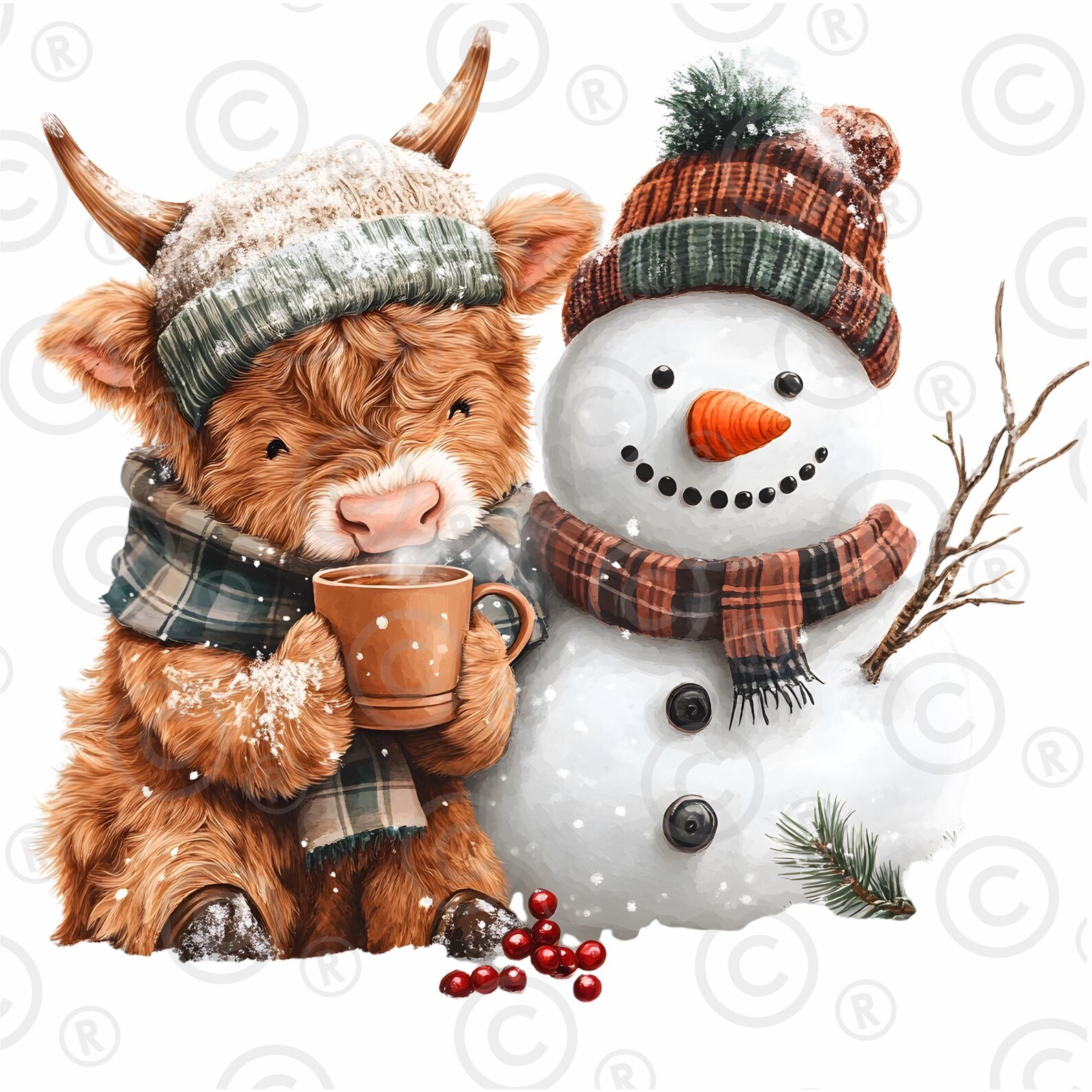 Highland Cow Snowman Clipart | 12 Winter Farm Animal Pngs (digital ...