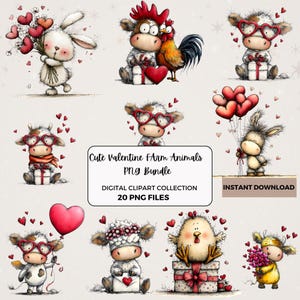 20 Valentine Farm Animals PNG Bundle Cute Cow Sheep Animal Cliparts ...