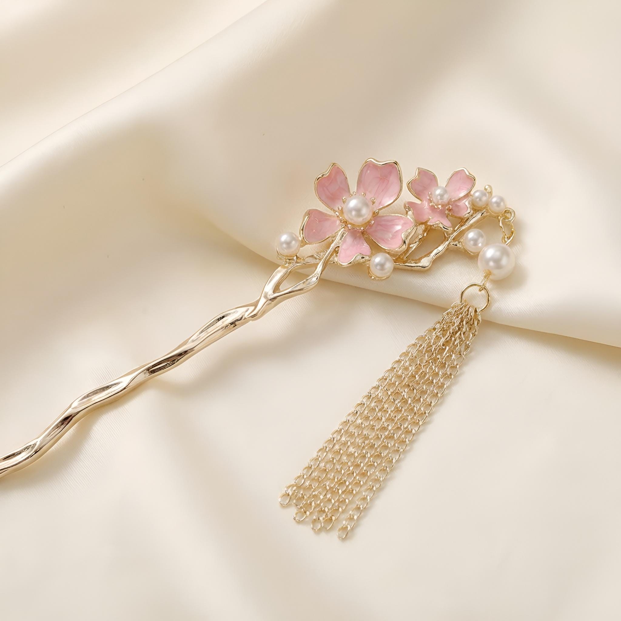 Ancient Style Pink Flower Hairpin With Tassel, Chinese Hanfu Hair ...