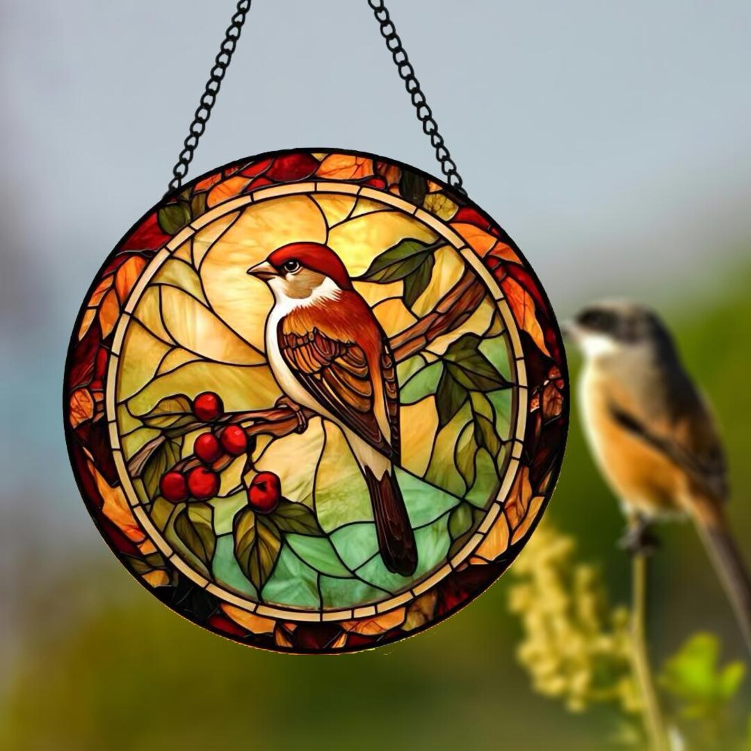 Sparrow Bird Stained Glass Suncatcher, Round Window Hanging Decor ...