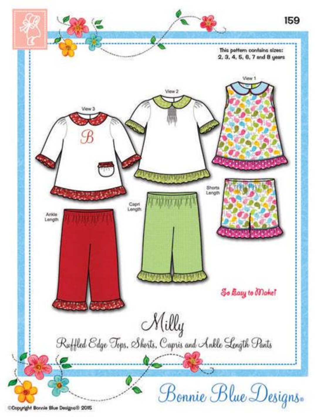 Bonnie Blue Pattern 159 Milly Ruffle Top Capris Pants Shorts Sz 2,3,4,5 ...