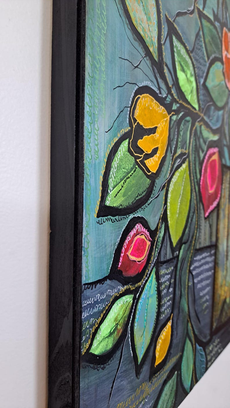 Quiet Courege - Collage Mixed Media Floral Art on Wood Panel, 19.7x23.6 ...