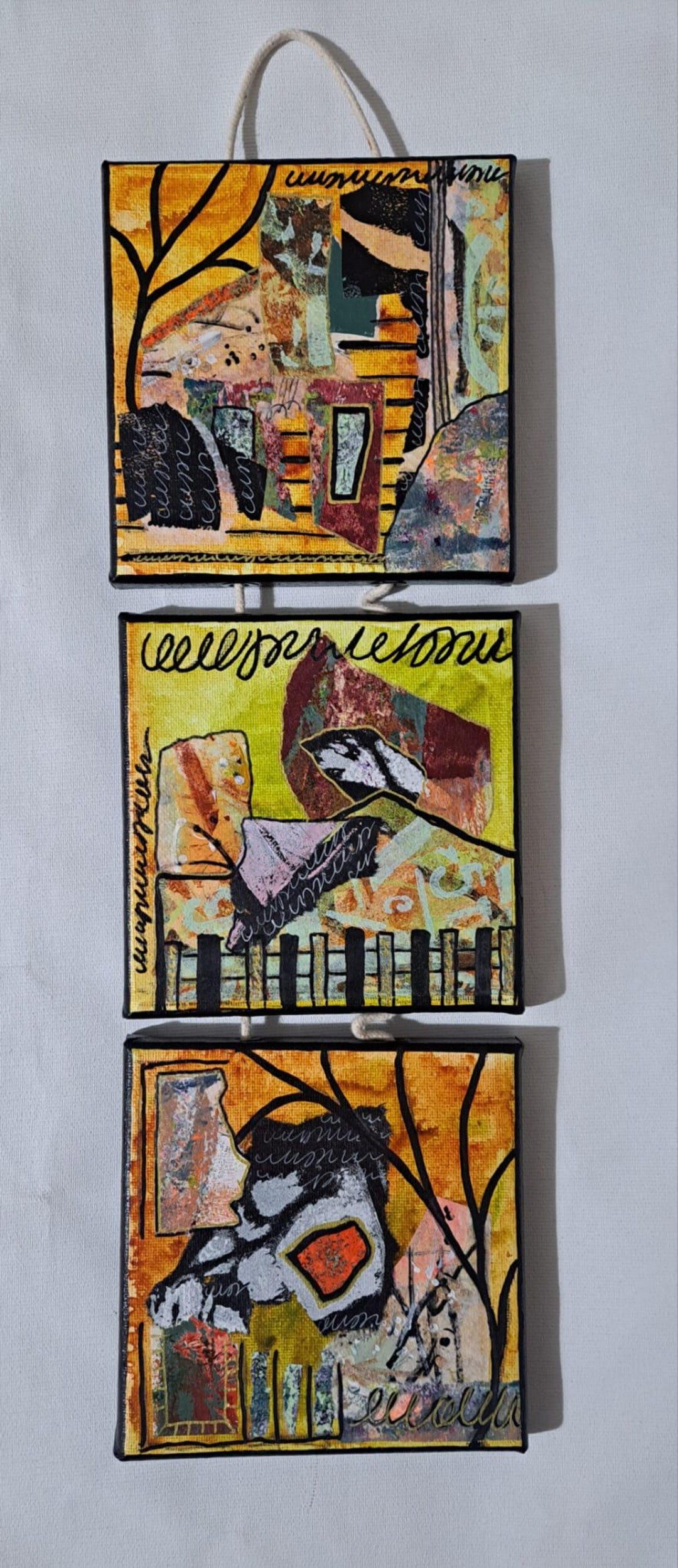 Original Mixed Media Triptych - Gel Print Collage Mini Canvases With ...