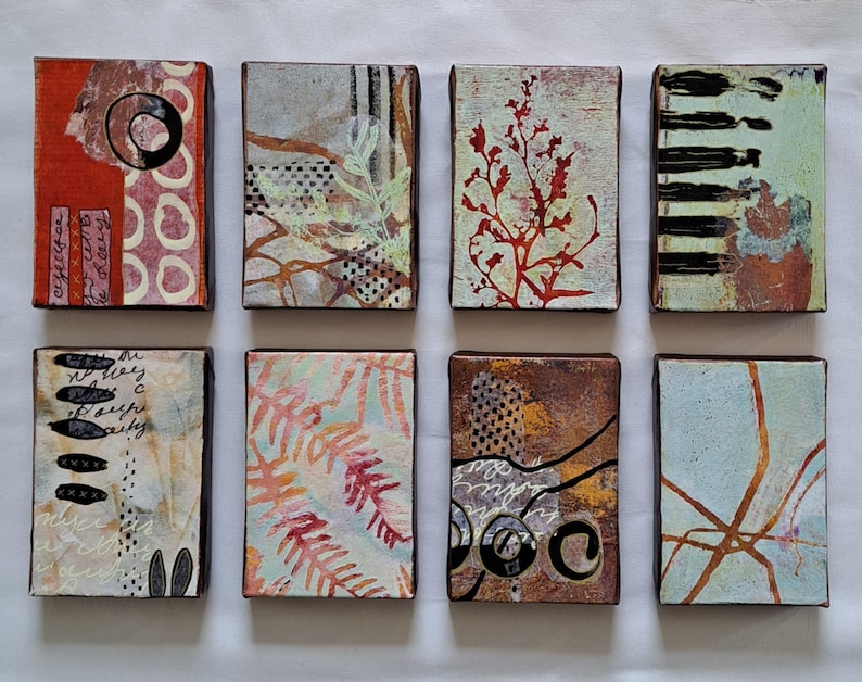 Set of 8 Original Mini- Gel Print Collage Canvases - Mixed Media Wall ...