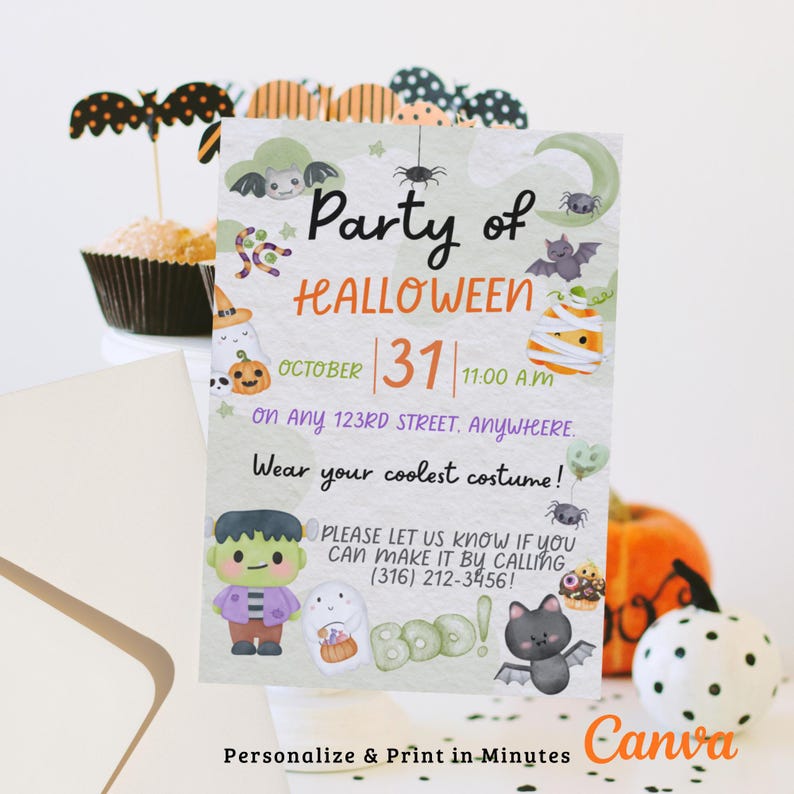 Pastel Green Frankenstein Halloween Invitation | Editable Canva ...