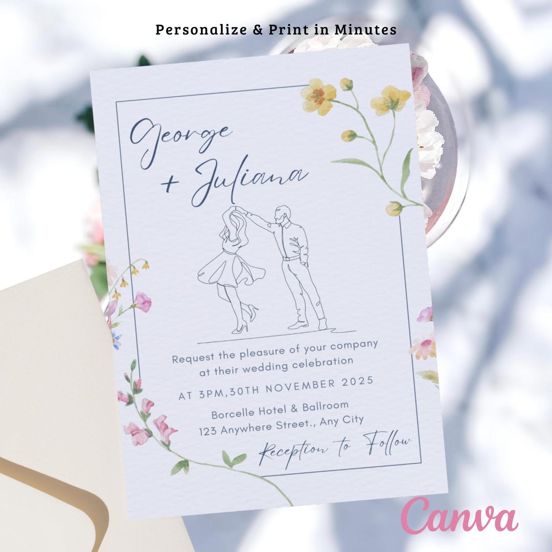 Elegant Line Art Wedding Invitation Template | Floral Minimalist Design ...