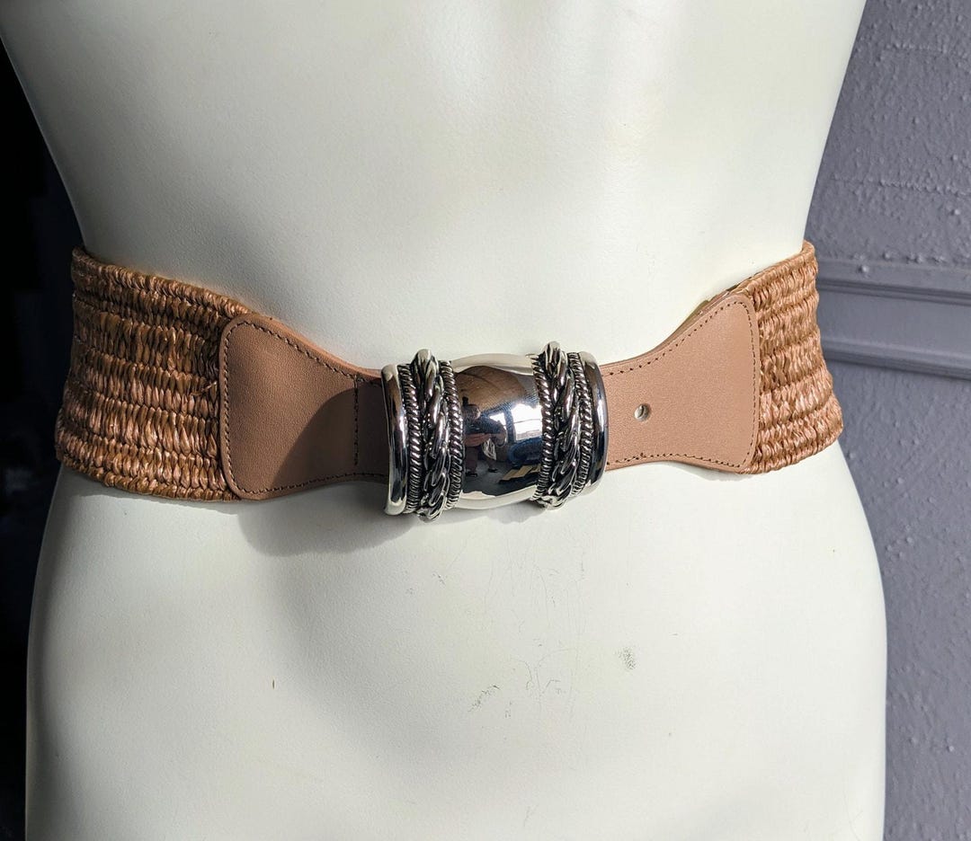 VTG Wide Woven Rattan Belt With Big Bold Metal Buckle Island Tropical ...