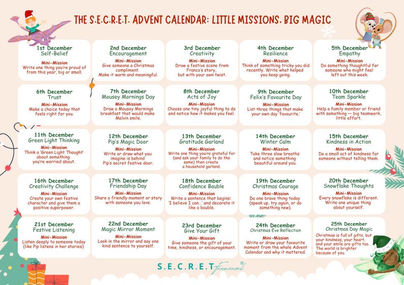 Printable Christmas Advent Calendar for Kids | 24 Festive Kindness and ...