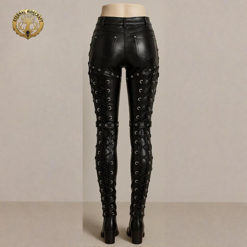 Women’s Black Lace-up Leather Pants With Red Panels – Gothic Punk Rock ...